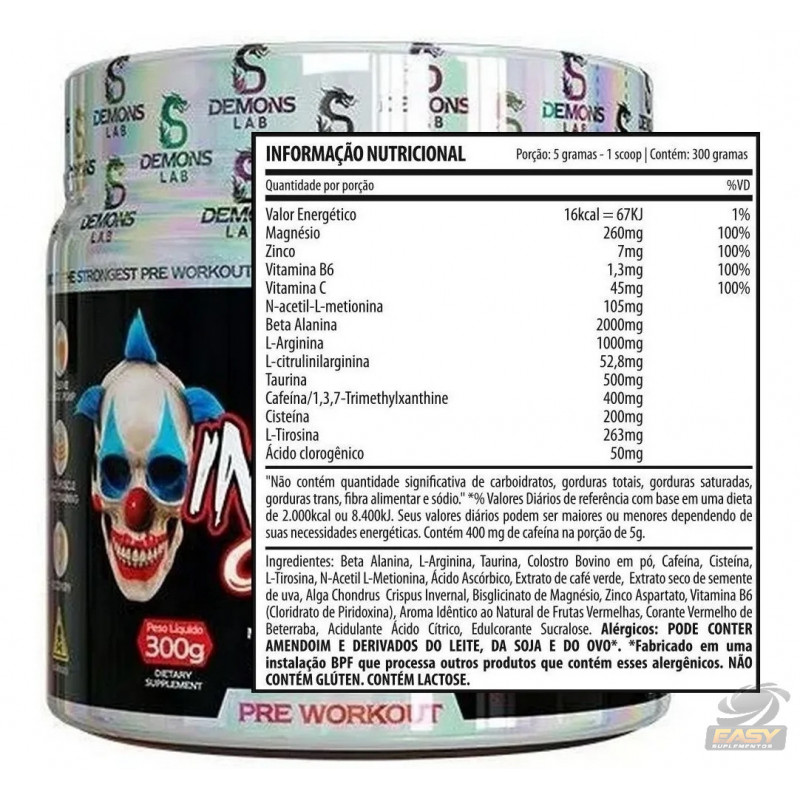 PRÉ TREINO INSANE ORIGINAL PRATA(300G) 60 DOSES - DEMONS LAB PRÉ TREINO INSANE ORIGINAL PRATA(300G) 60 DOSES - DEMONS LAB